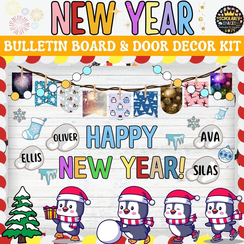 Sliding Into the New Year Bulletin Board & Door Decor Kit | Editable ...