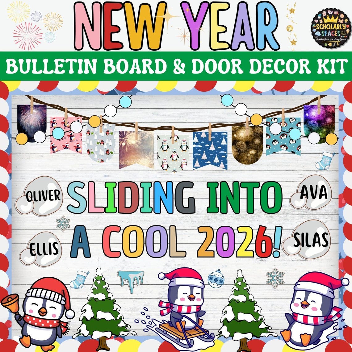 Sliding Into the New Year Bulletin Board & Door Decor Kit | Editable ...