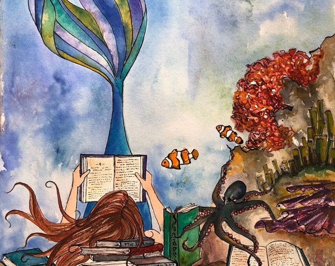 The Mermaid & the Octopus Art Print Reading Illustration - Etsy