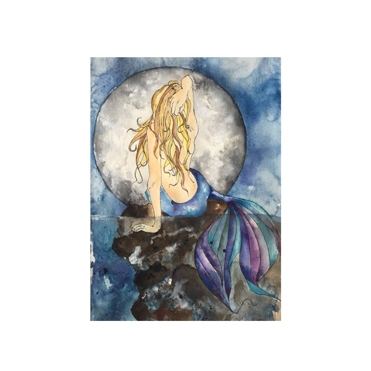 The Mermaid & the Moon, Illustration, Watercolor, Mixed Media Giclee ...