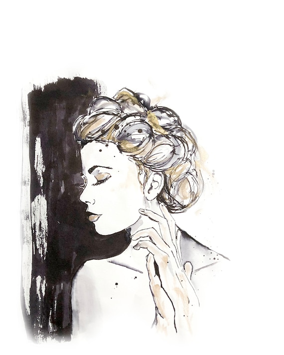 Golden Fashion Illustration Ink Sketch Drawing Pen and | Etsy