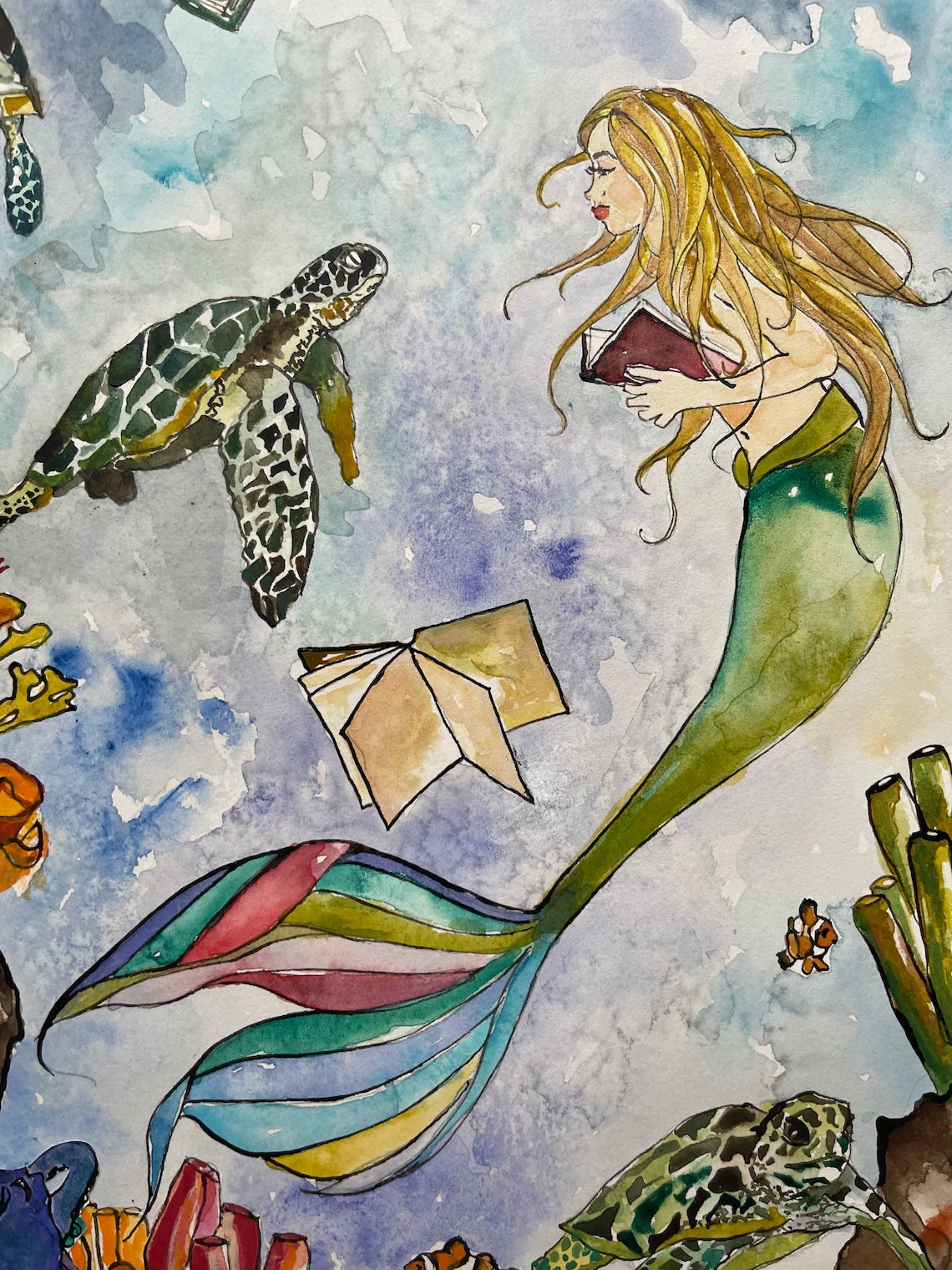 The Mermaid & the Sea Turtles I, Art Print, Reading, Illustration ...