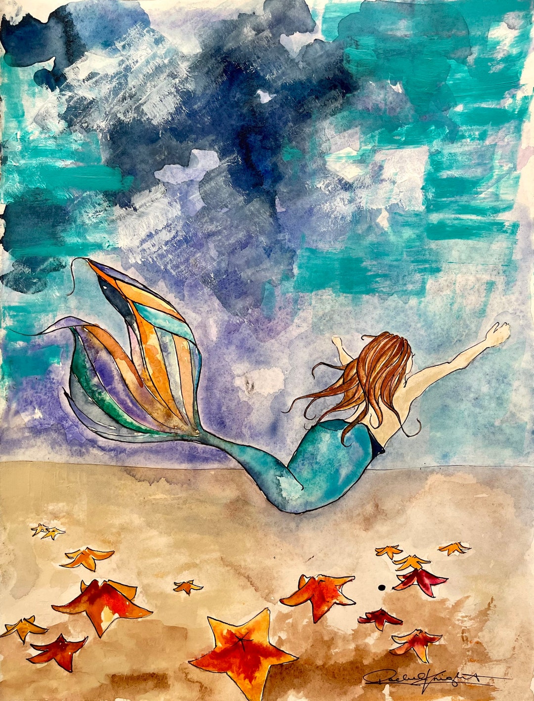 The Mermaid & the Stars, Art Print, Reading, Illustration, Watercolor ...