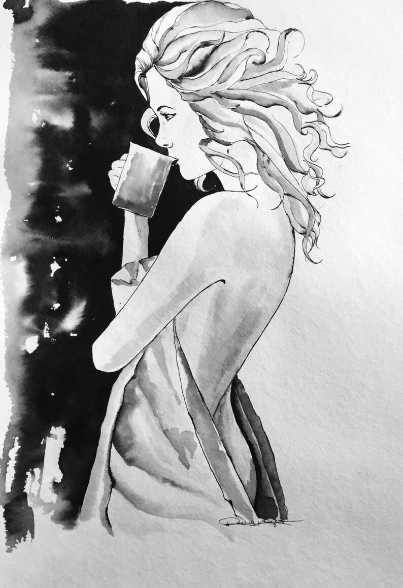 A Woman & Her Coffee Ink Sketch Ink Drawing Pen and Ink | Etsy