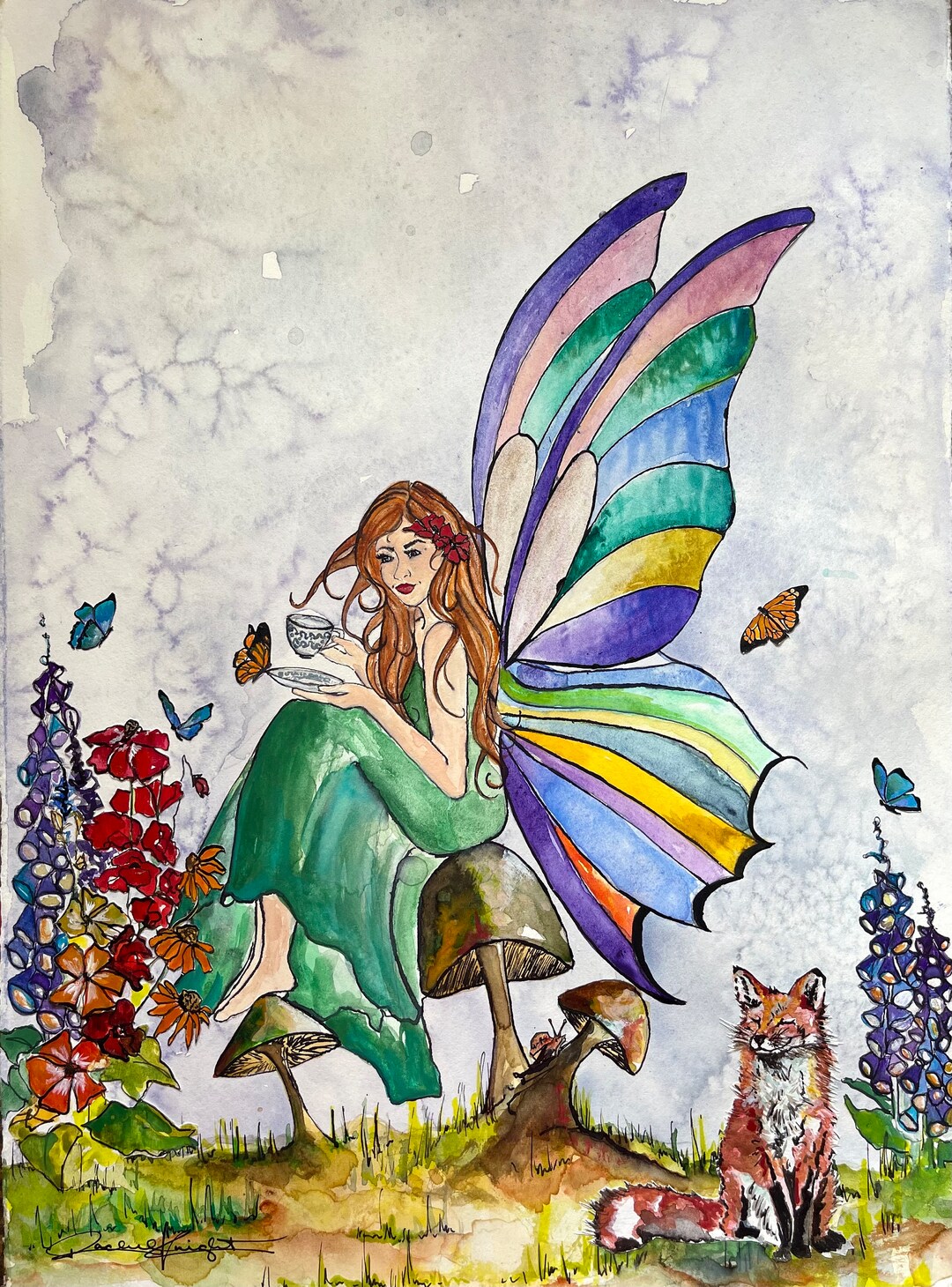 The Fairy & the Fox, Art Print, Tea Cup, Illustration, Watercolor ...