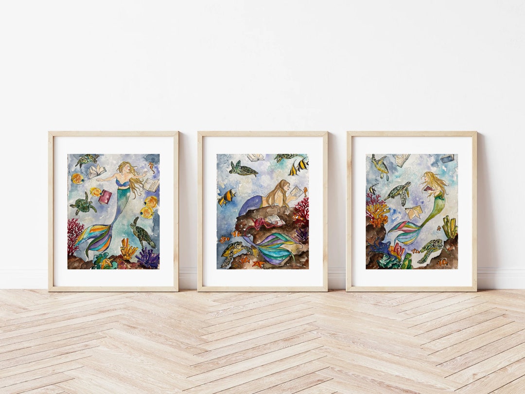 Mermaid Trio - 3 Giclee Art Prints Set, Illustration, Watercolor, Mixed ...