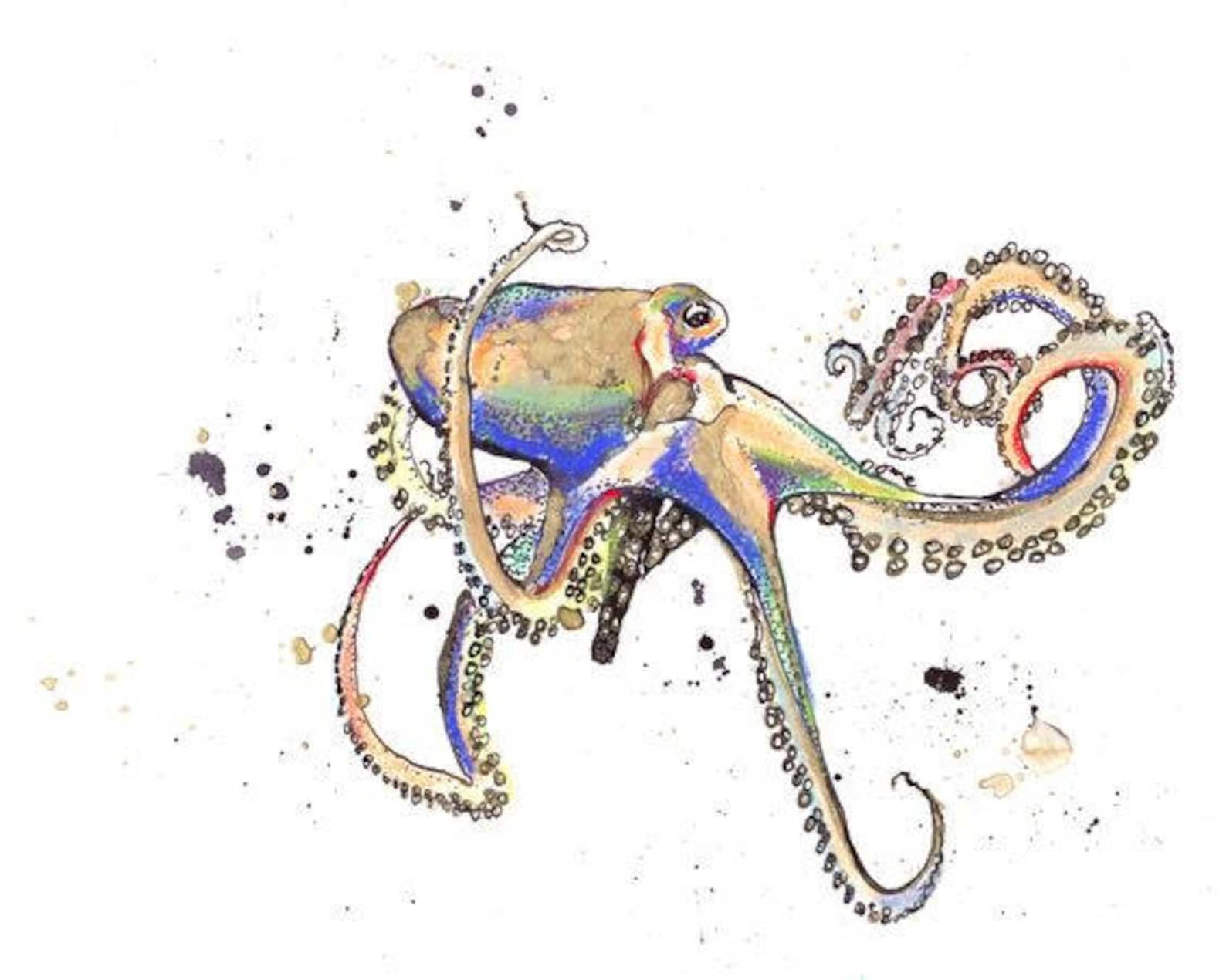 Octopus in Color - Ink Sketch, Ink Drawing, Pen and Ink, Pastel, Fine ...