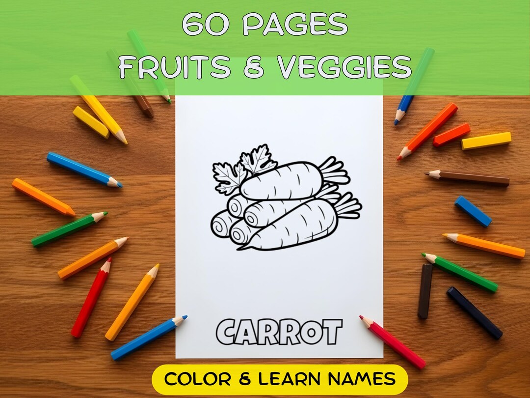 Fruit and Vegetable Coloring Book Bundle, 60 Printable Pages, Learn ...