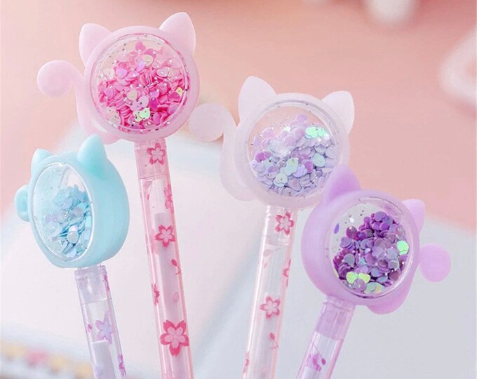 Kitten Sequin Shaker Pen | Kawaii Cat Pen | Black Gel Ink Pen | Pink ...