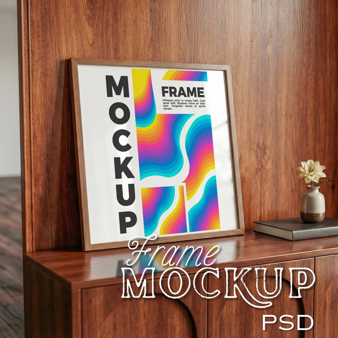 Square Frame Mockup PSD, Thin Wood Frame, 1x1 Wall Art Wooden ...