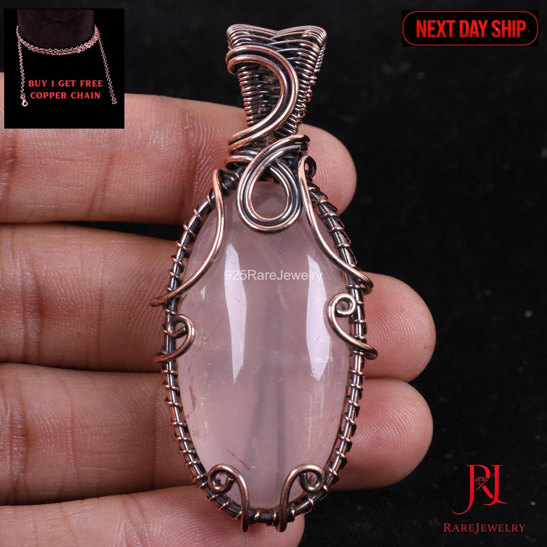 Rose Quartz Copper Wire Wrap Pendant Handmade Natural Gemstone Jewelry ...