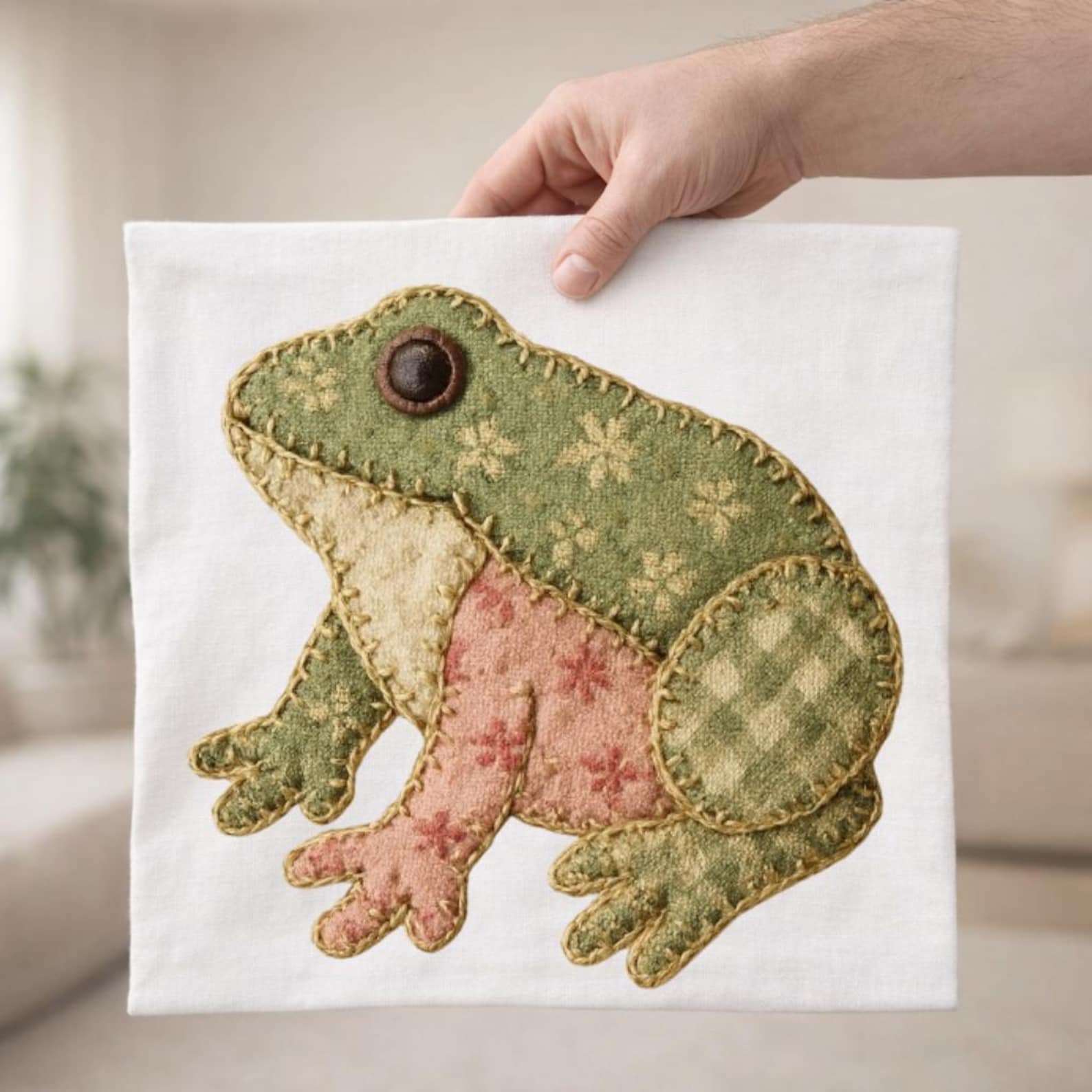 Shabby Chic Fabric Frog PNG, Quilted Patchwork Animal, Handmade Textile ...