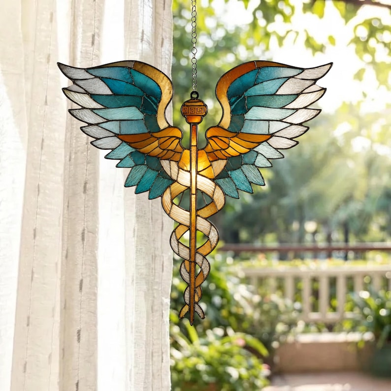 Caduceus Acrylic Suncatcher, Teal Amber Wings, Healthcare Window Decor ...