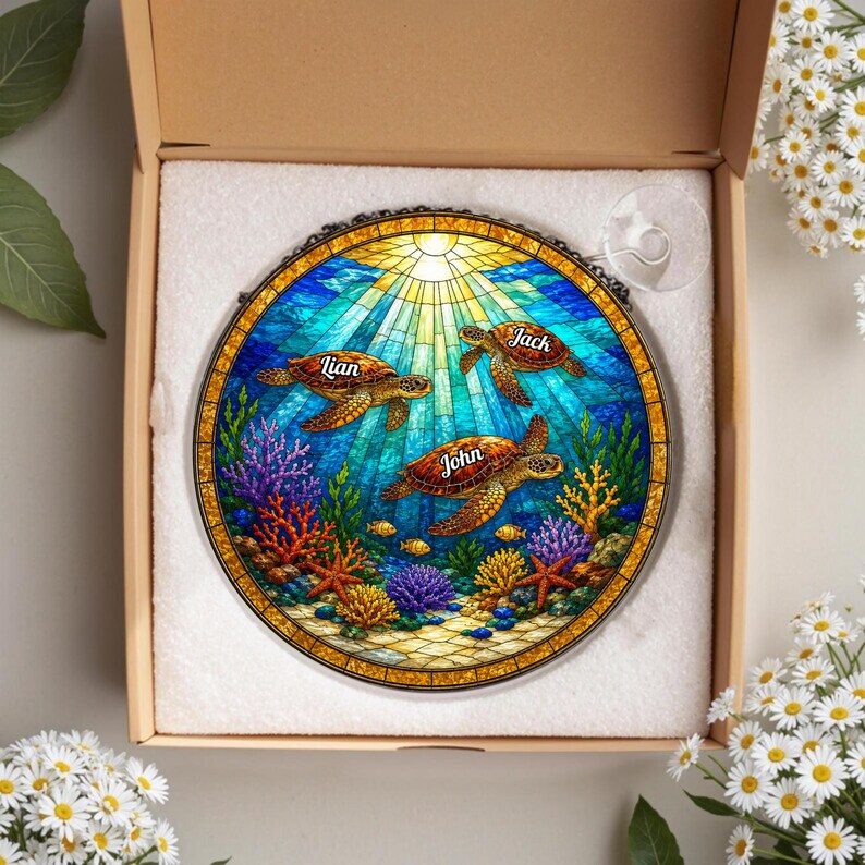 Personalized Sea Turtle Stained Glass Suncatcher, Family Turtle Window ...