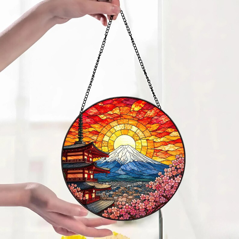 Mount Fuji Stained Glass Suncatcher, Japanese Pagoda Window Hanging ...