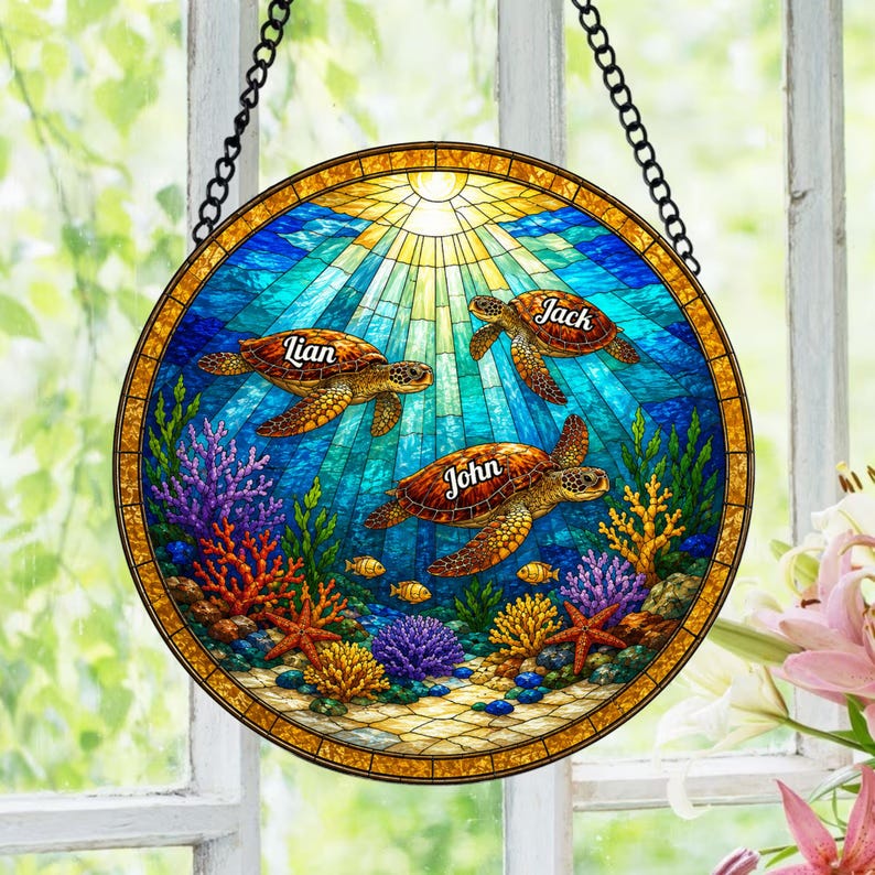 Personalized Sea Turtle Stained Glass Suncatcher, Family Turtle Window ...