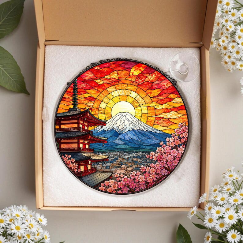 Mount Fuji Stained Glass Suncatcher, Japanese Pagoda Window Hanging ...