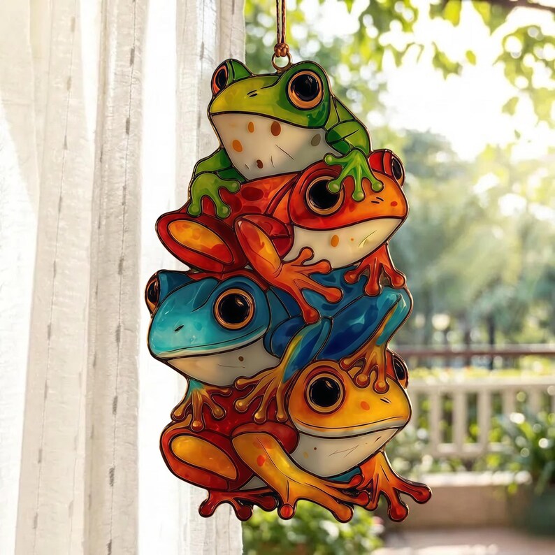Colorful Stacked Frog Acrylic Suncatcher, Faux Stained Glass Window ...