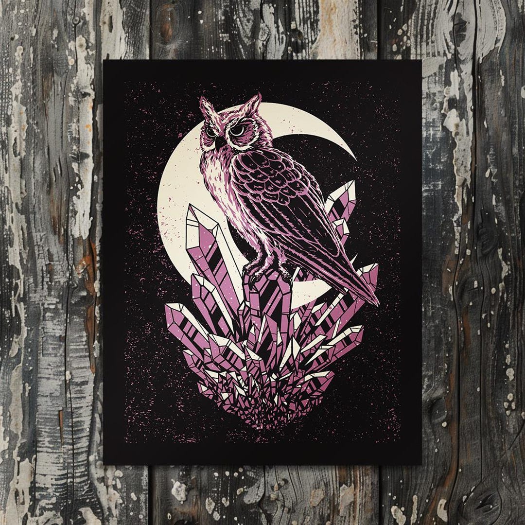 Gothic Owl Art Print: the Mystics Landing - Celestial Moon, Crystal ...