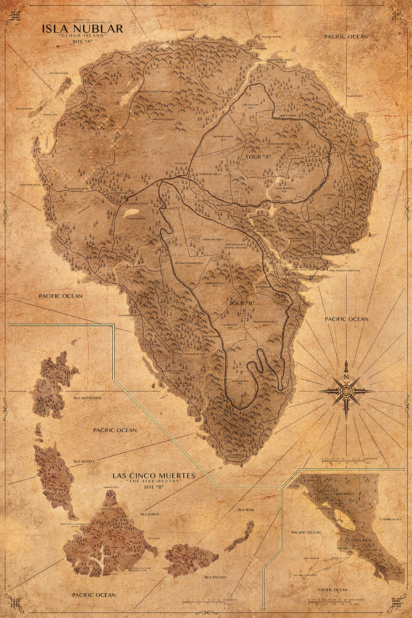 Jurassic Park Map Poster Dinosaur Decor Isla Nublar Map the Lost World ...