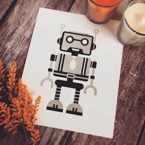 Retro Toy Robot Art Print Business Bot Handmade Screenprint Silver and ...