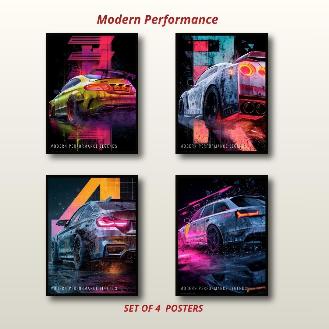 Modern Performance Digital Poster Set of 4, Sports Car Wall Art Prints ...