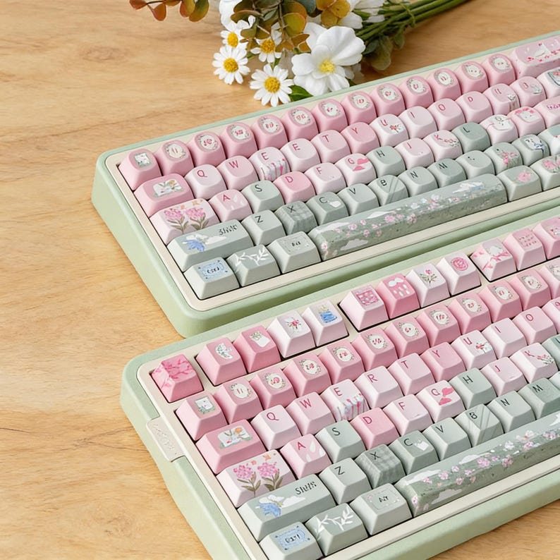 130+ Pcs Spring Pastel Pink & Green Gaming Keycap Set, PBT Material ...