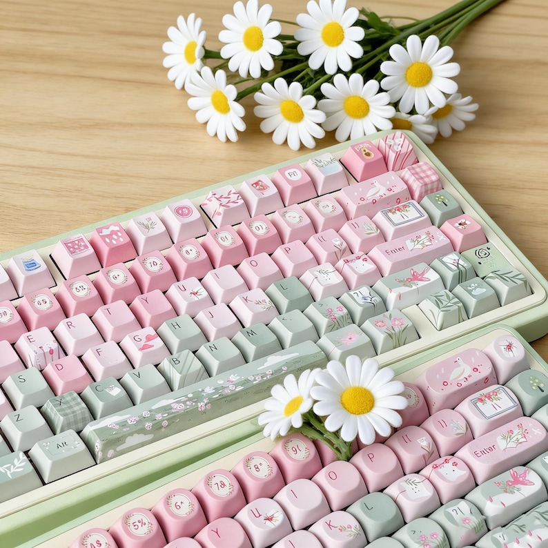 130+ Pcs Spring Pastel Pink & Green Gaming Keycap Set, PBT Material ...