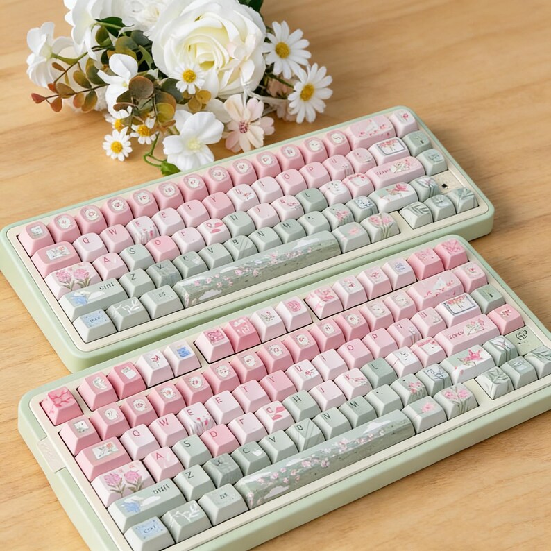 130+ Pcs Spring Pastel Pink & Green Gaming Keycap Set, PBT Material ...