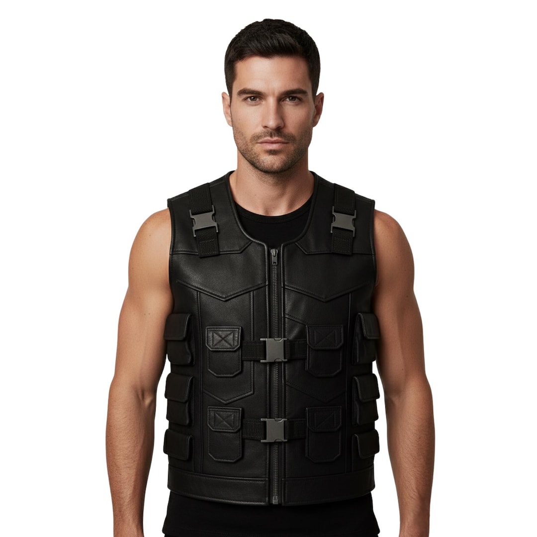 Men’s Black Genuine Leather Tactical Vest | Sleeveless Biker Utility ...