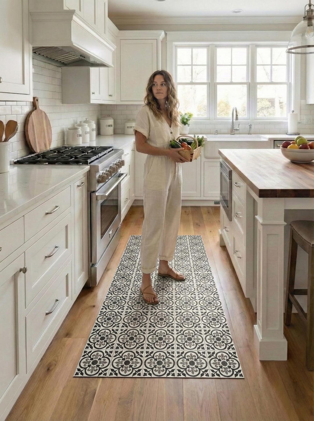 Luxury Kitchen Runner, Easy Clean Vinyl Floor Mat, Black Gray Tile Rug ...