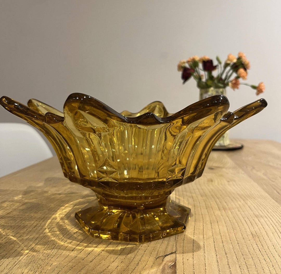 Vintage 1930s Sowerby Amber Glass Vase / Bowl – Large Claw-rim Pressed ...