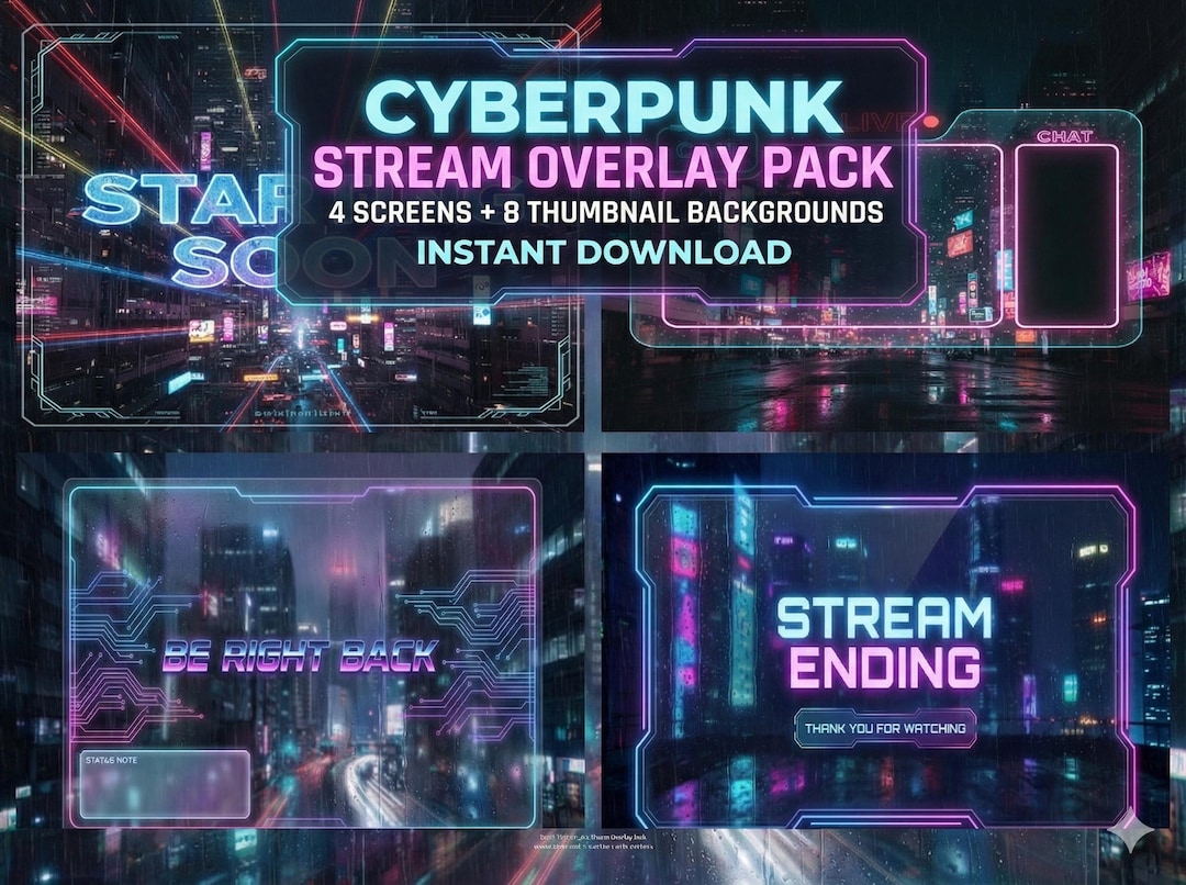 Cyberpunk Stream Overlay Pack | OBS & Streamlabs | 4 Screens + 8 ...