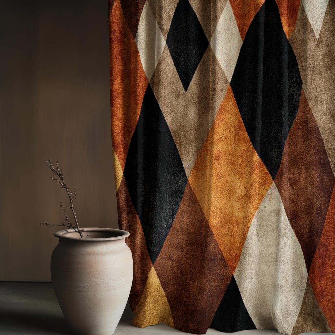 Modern Geometric Harlequin Blackout Curtains, Warm Brown and Orange ...