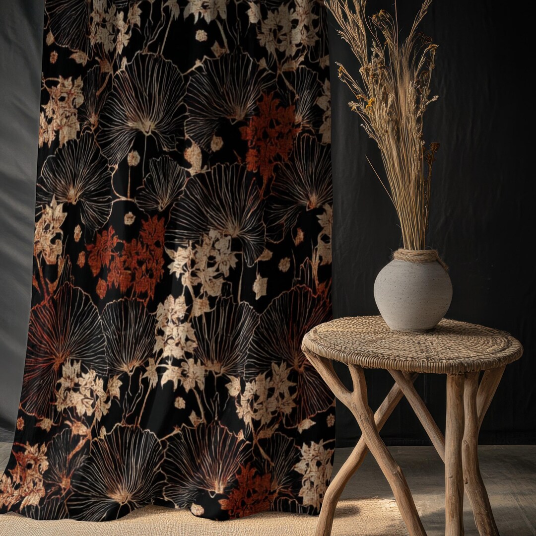 Dark Floral Ginkgo Leaves Blackout Curtains, Moody Botanical Art Window ...