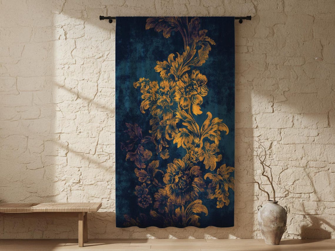 Baroque Blackout Curtain, Floral Drapes, Teal Copper Rod Pocket Panel ...