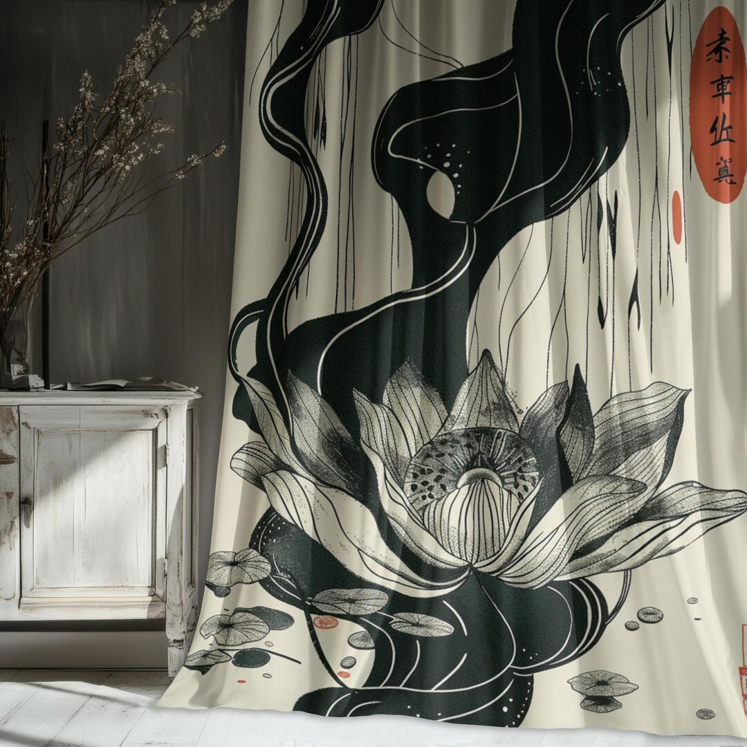 Japanese Mystical Lotus Blackout Curtains, Midnight Zen Garden Window ...