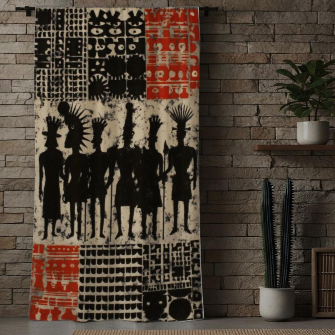 African Tribal Blackout Curtain, Etnik Siluet Drapes, Red Black Rod ...