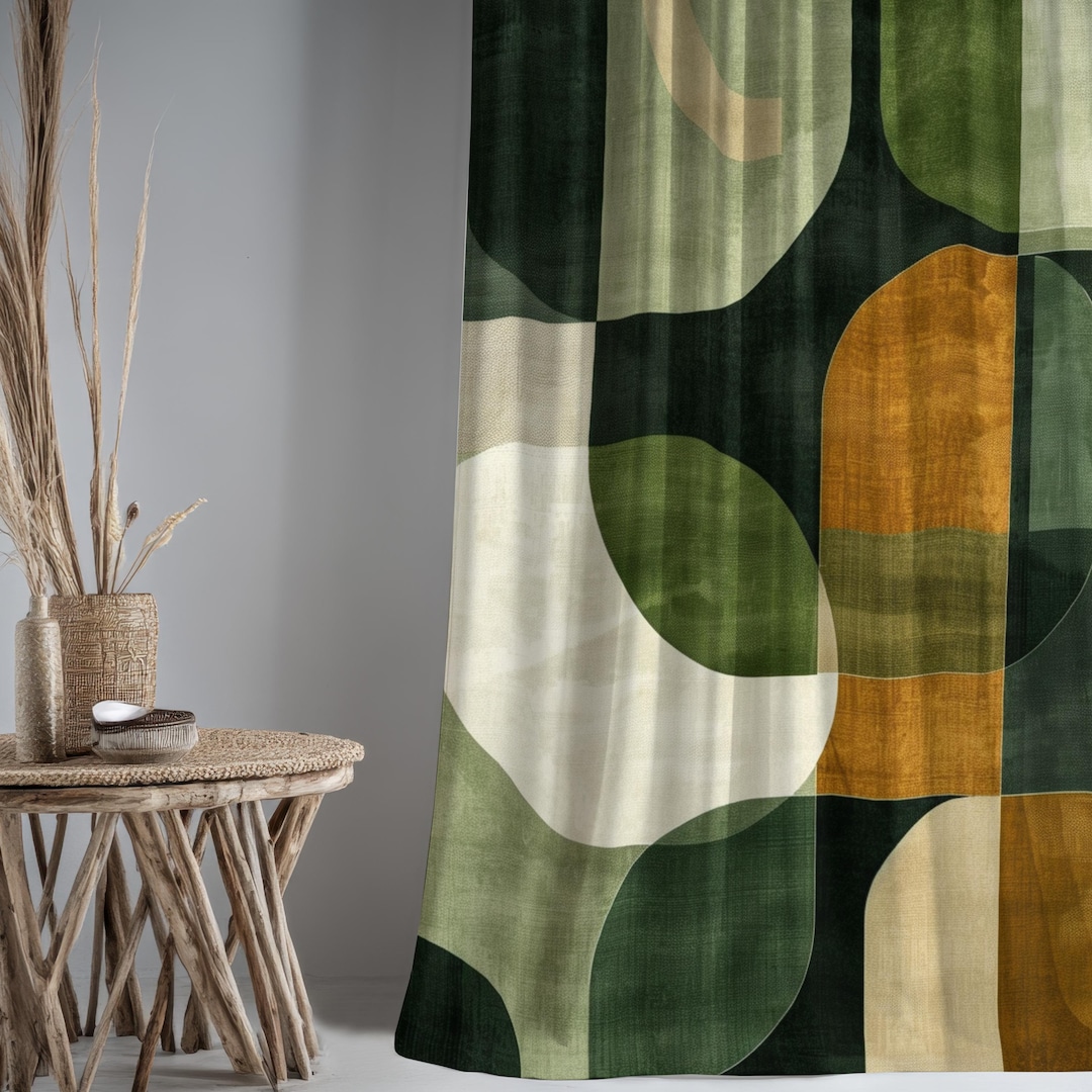 Mid Century Modern Geometric Blackout Curtain, Green and Ochre Abstract ...