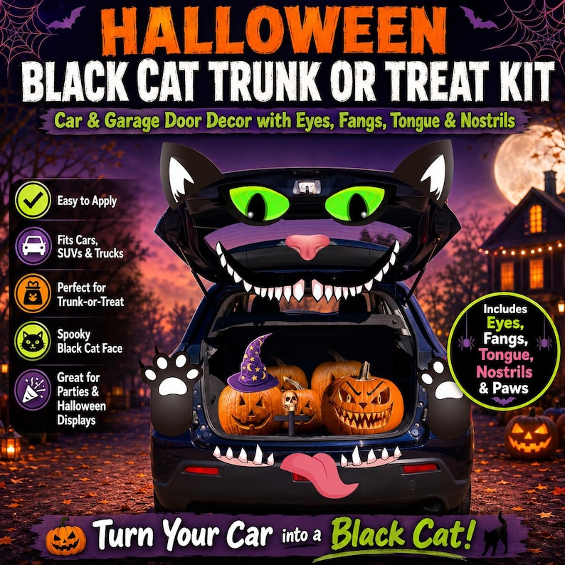 Halloween Black Cat Trunk or Treat Car Decoration Kit – Car, Garage ...