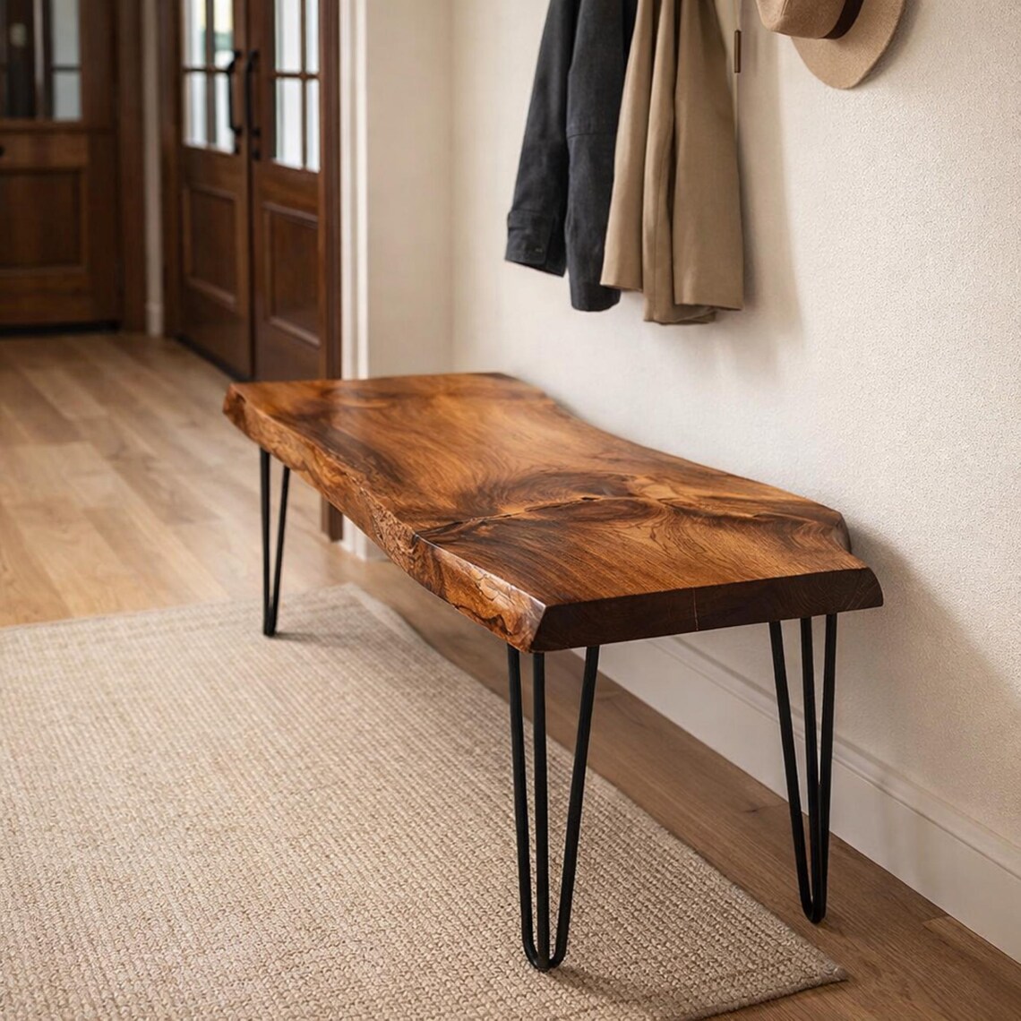 Handmade Live Edge Oak Bench – Rustic Wood & Metal Legs - Etsy