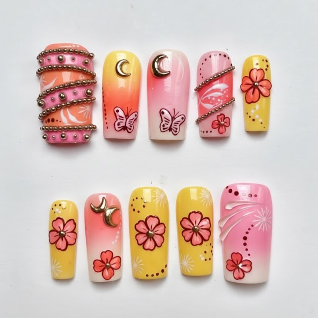 Floral Ombré Press on Nails, Pink Yellow Gradient Base, Butterfly Moon ...