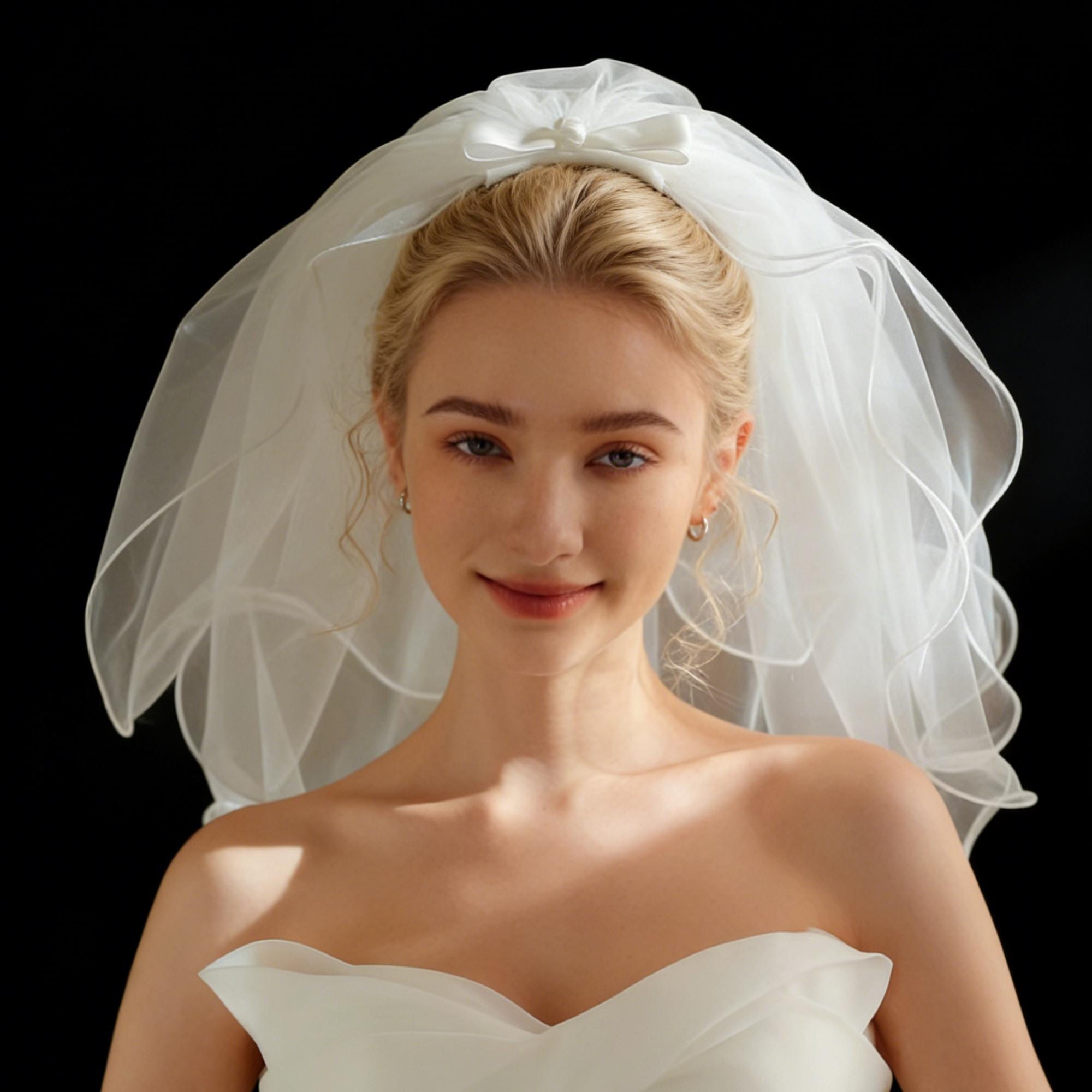 Classic Bow Bridal Veil, Elegant Bow Accent Bridal Veil, Chapel Length ...
