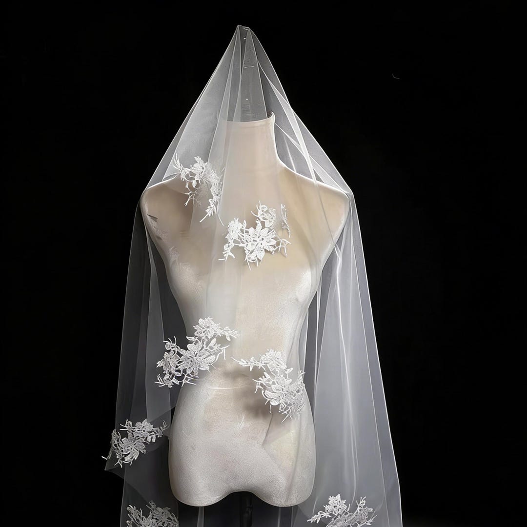 Floral Embroidered Bridal Veil, Tulle Circle Wedding Veil, One Layer ...