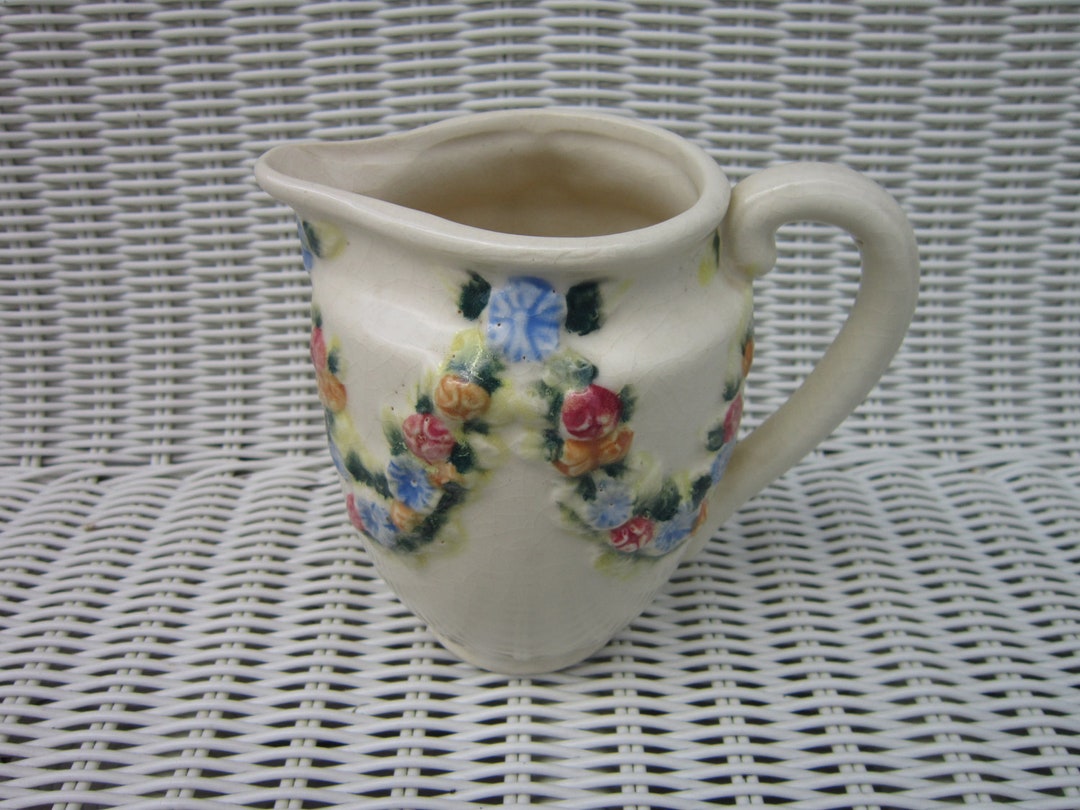 Stoneware Pitcher Beautiful Raised Floral Garland Front and Back.made ...