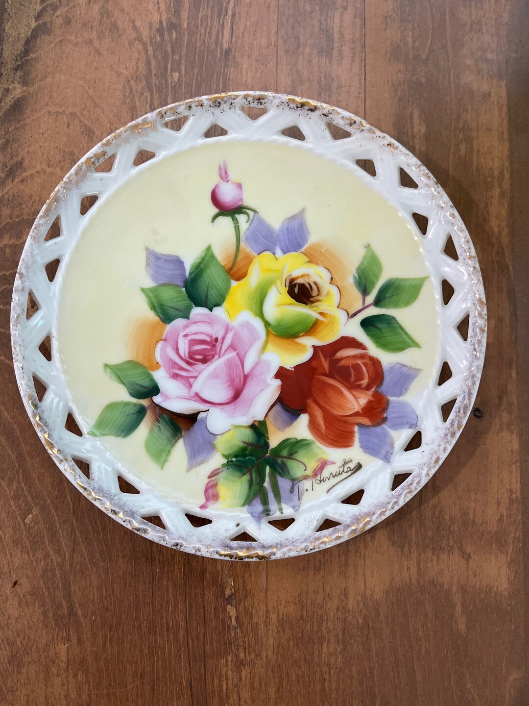 T. Huruta Wall Plate Japanese Reticulated Plate Signed Hand Painted ...