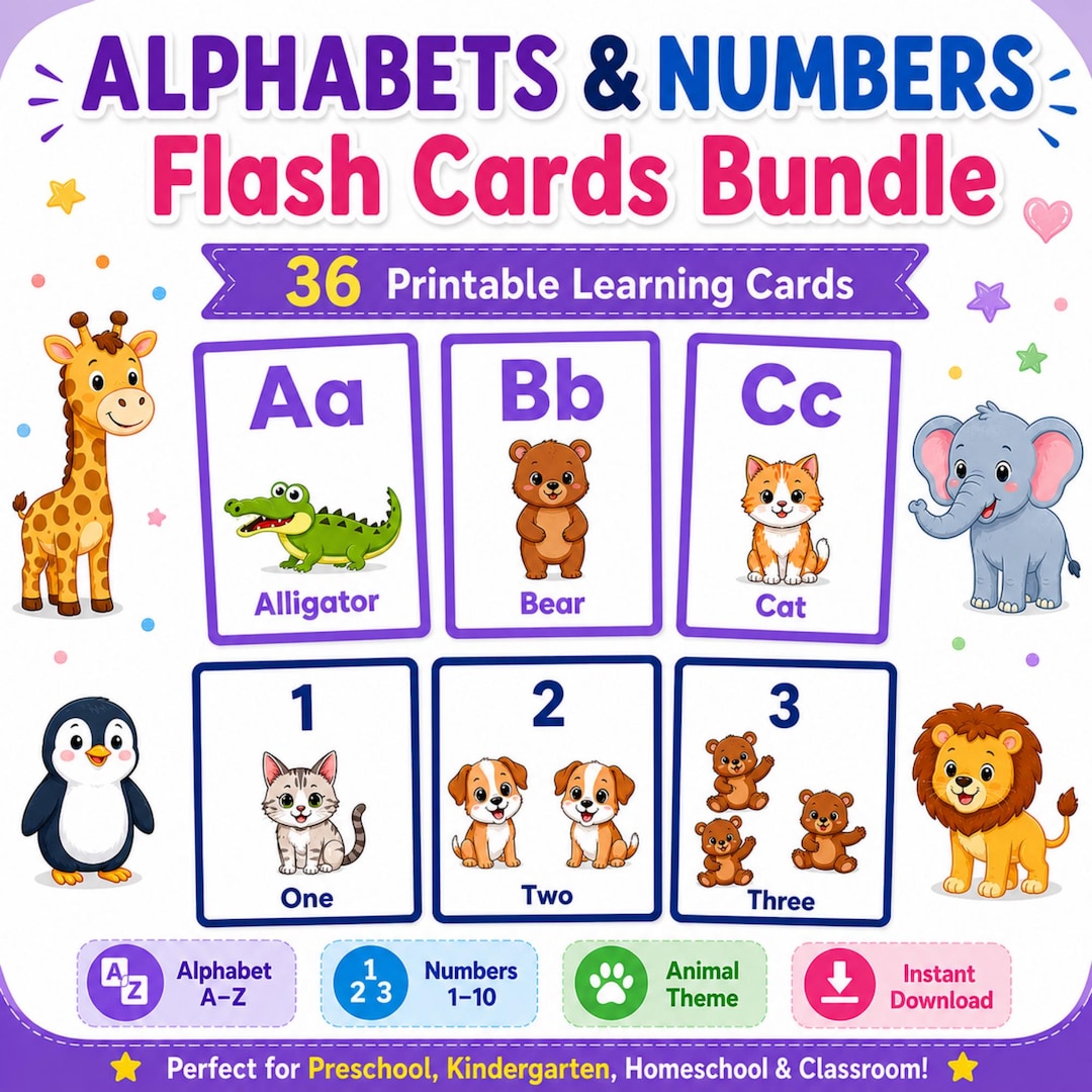36 Alphabets & Numbers Flash Cards Bundle | PDF Printable Preschool ...