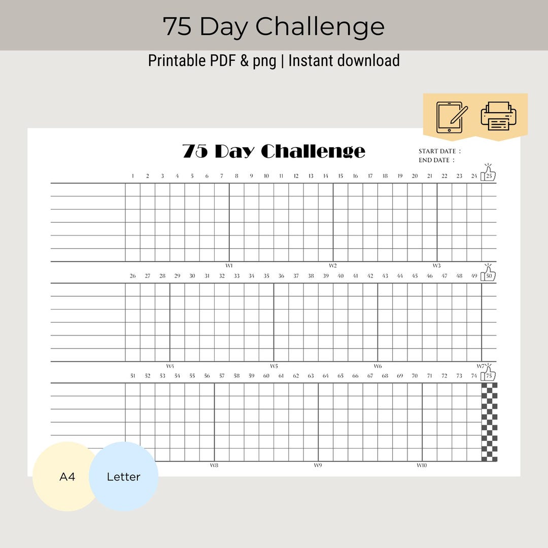 75 Day Challenge Tracker | Printable Habit Tracker for Fitness, Goals ...