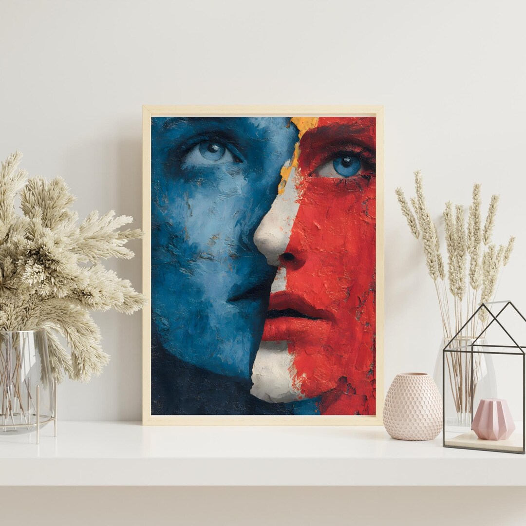 Picasso Style Abstract Face Art, Red and Blue Split Portrait, Colorful ...