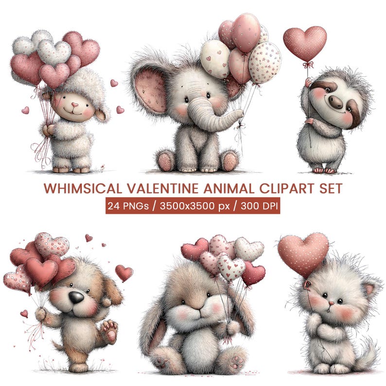 Valentine Animal Clipart | Heart Balloons PNG Bundle (digital Download ...